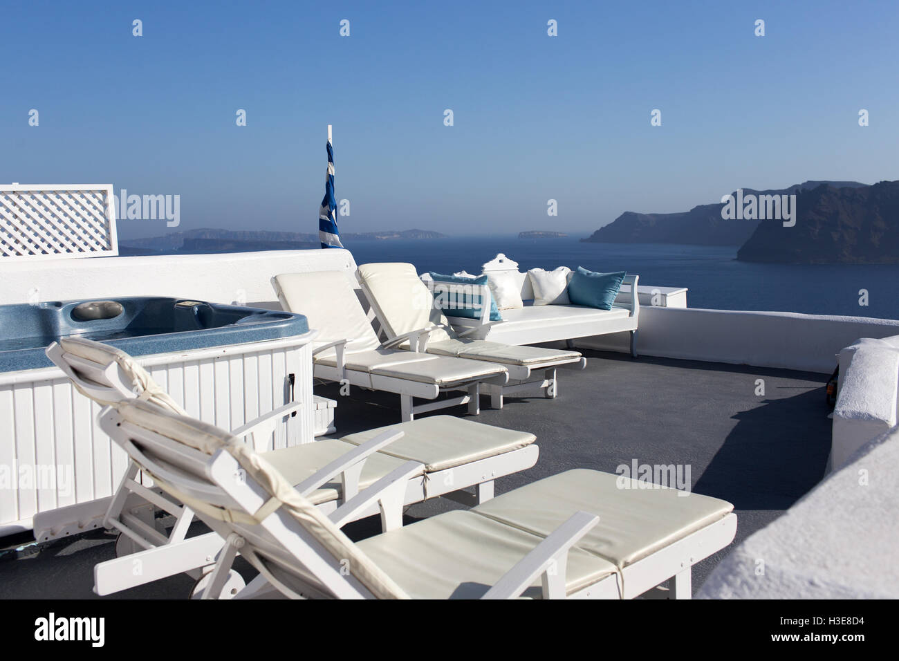 Sunbathing area with a beautiful view of the sea and mountains Stock ...
