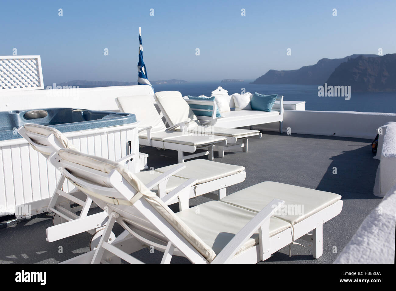 Sunbathing area with a beautiful view of the sea and mountains Stock ...