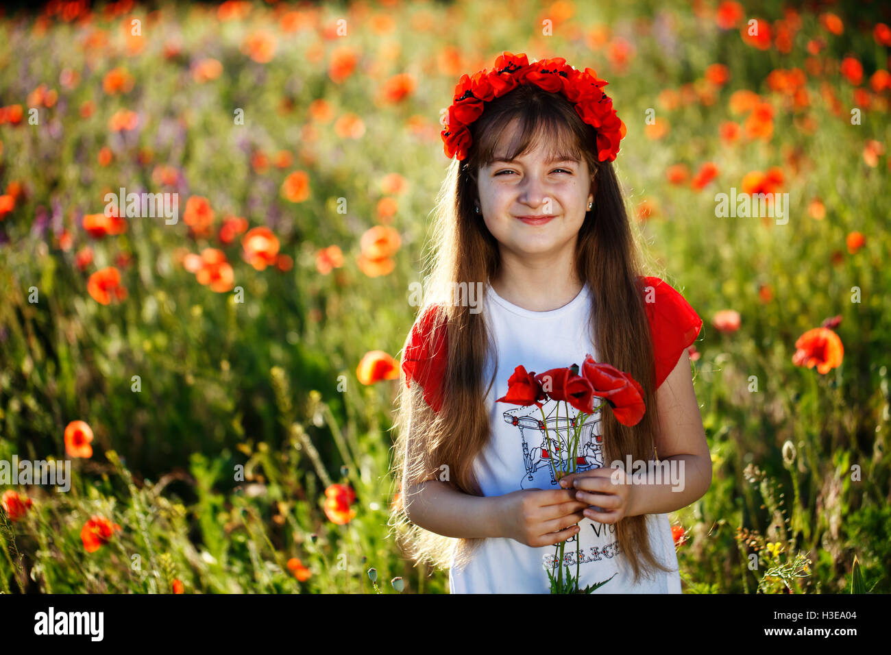 Portrait of a cute little girl in the meadow with poppies Stock Photo ...