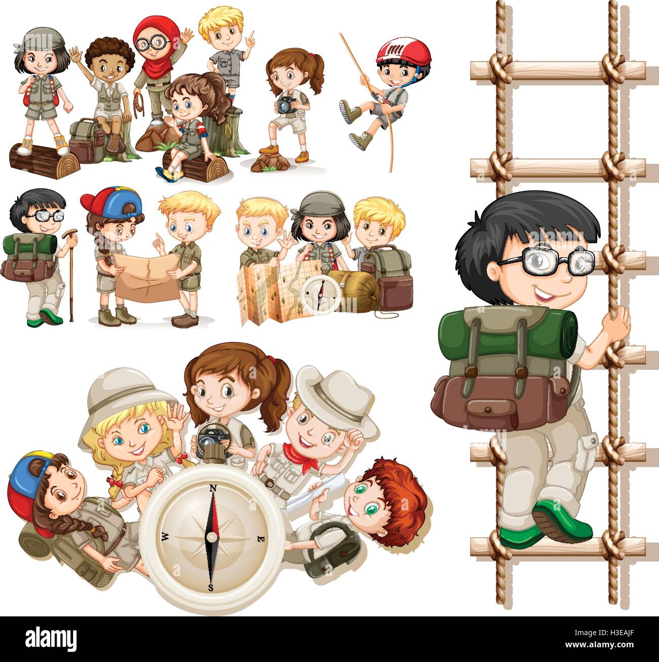 Children doing different activities for hiking illustration Stock ...