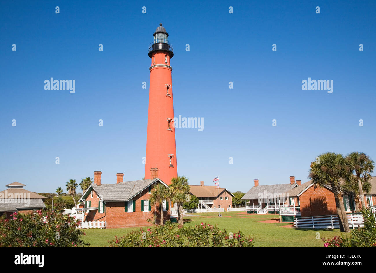 The 175 foot orange masonry tower of Ponce de Leon Inlet Lighthouse is ...