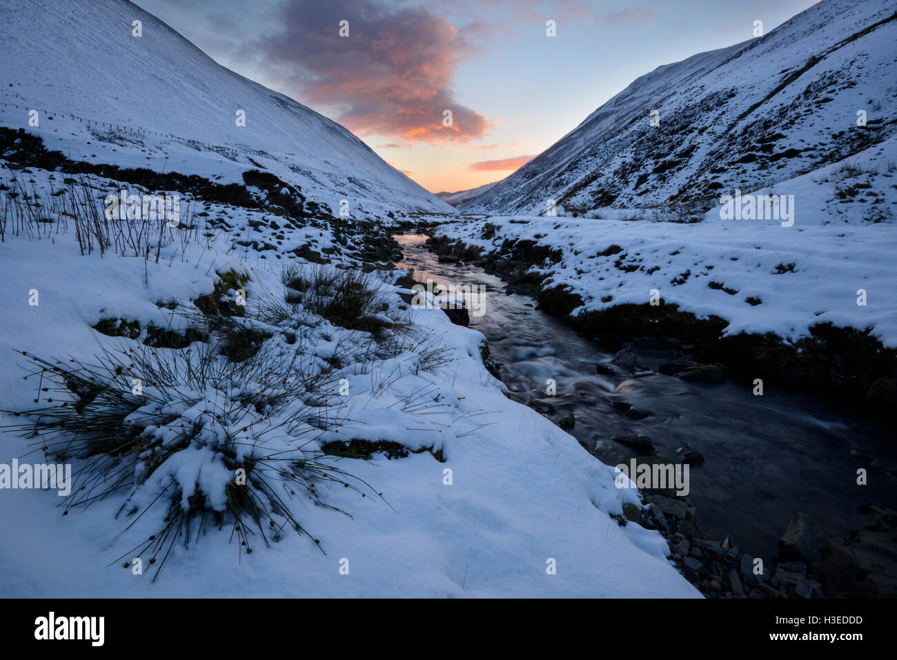 The Moffat Water Valley in winter at dusk, near Moffat, Dumfries ...