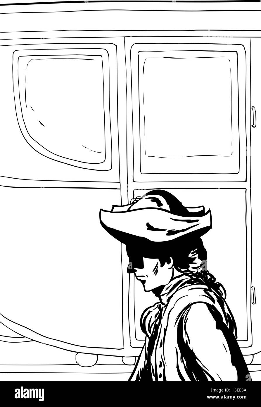 Outlined side view of 18th century man in hat walking past fancy empty ...