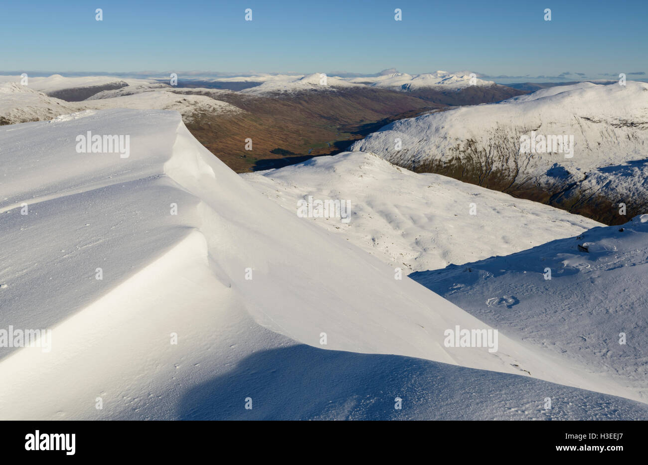 A snowy winter view down Glen Lochay and beyond to the Ben Lawers group ...