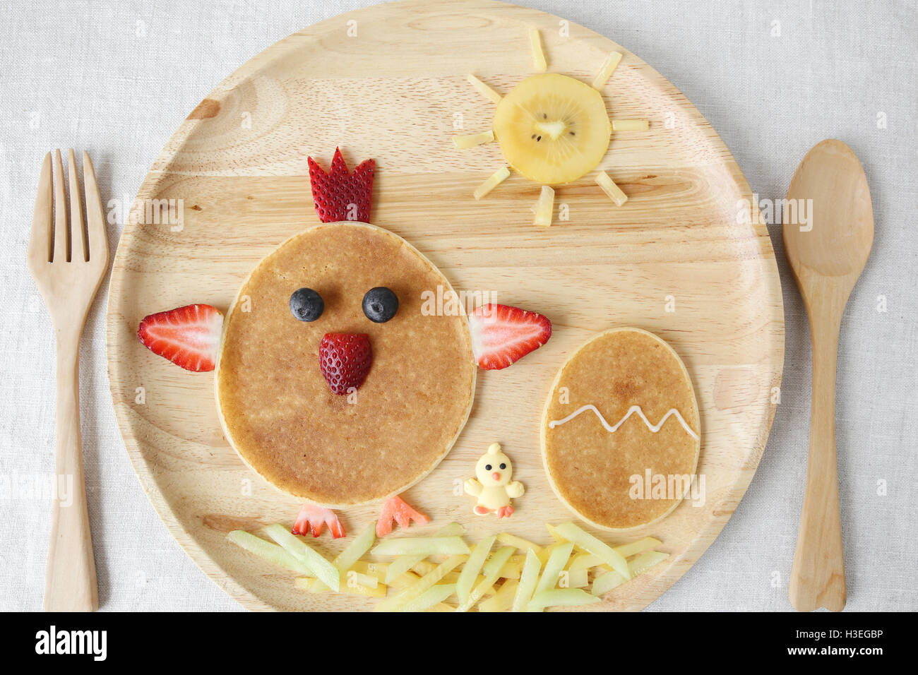 Easter Rooster and chick pancake breakfast, fun food art for kids Stock ...
