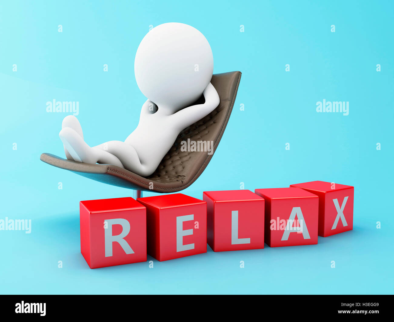3d renderer image. White people relax on a chair. Isolated blue ...
