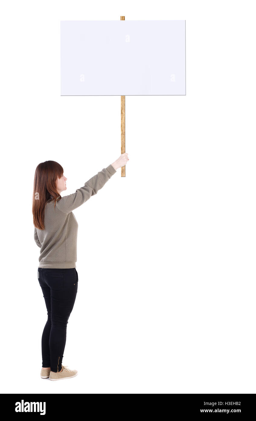 Back view woman showing sign board. man holds information plate. Rear ...