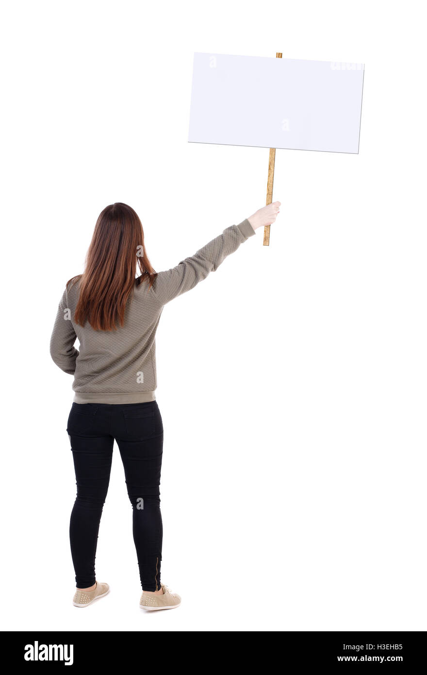 Back view woman showing sign board. man holds information plate. Rear ...