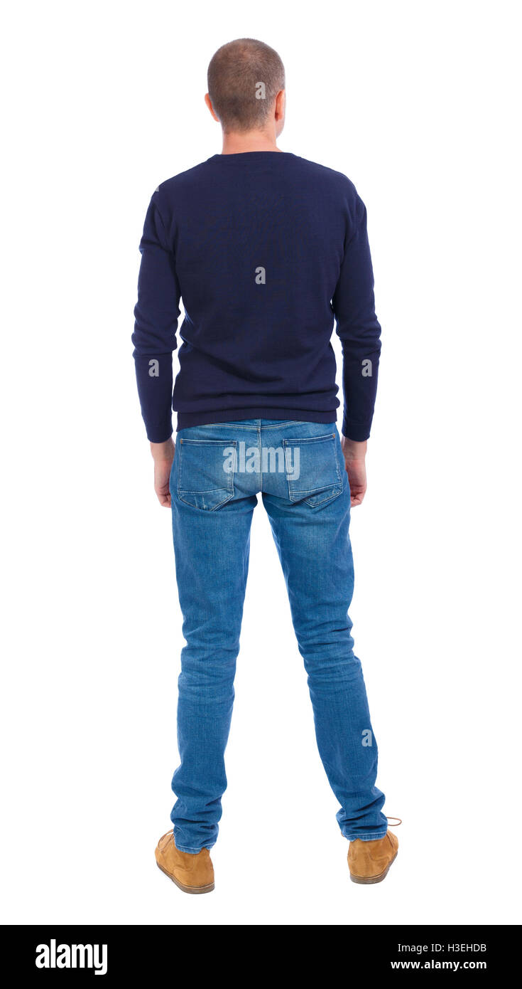 Back view of man in jeans. Standing young guy. Rear view people ...