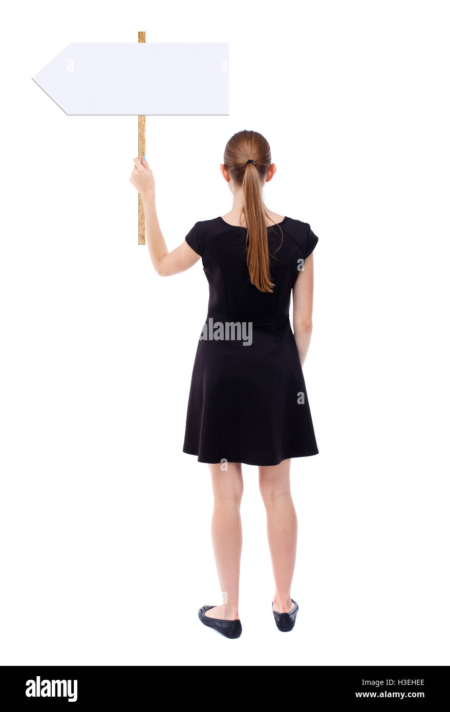 Back view woman showing sign board. man holds information plate. Rear ...