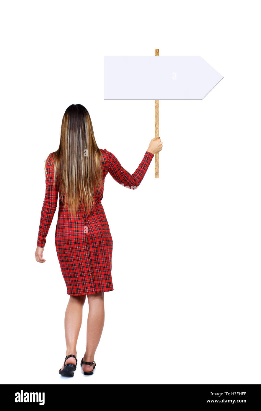 Back view woman showing sign board. man holds information plate. Rear ...
