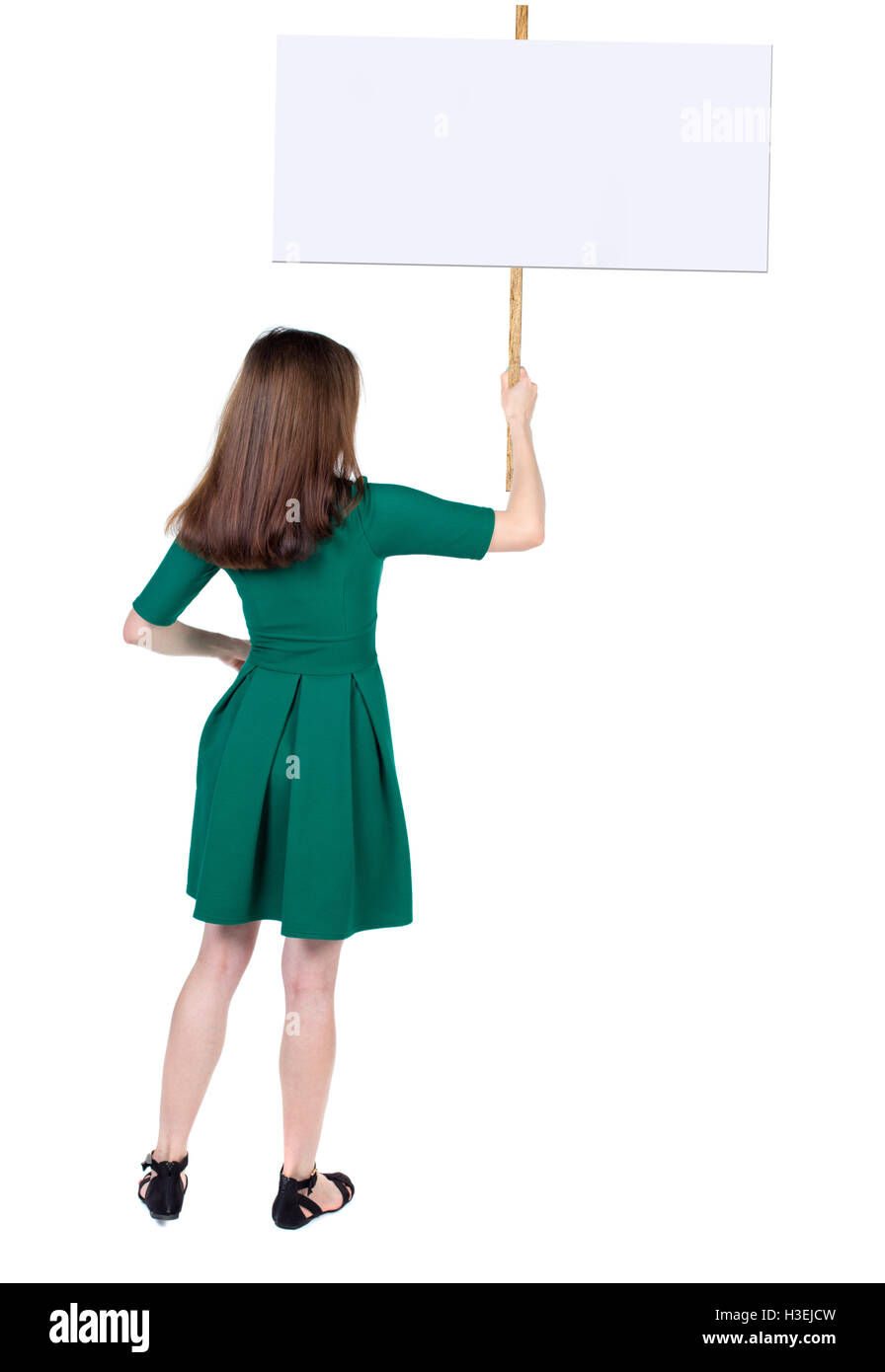 Back view woman showing sign board. man holds information plate. Rear ...
