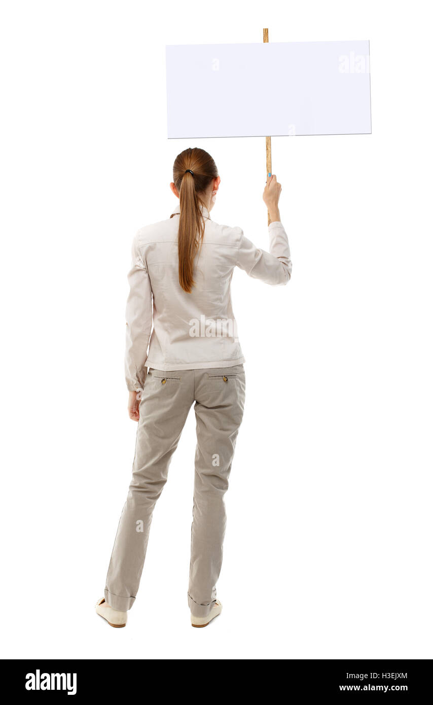 Back view woman showing sign board. man holds information plate. Rear ...