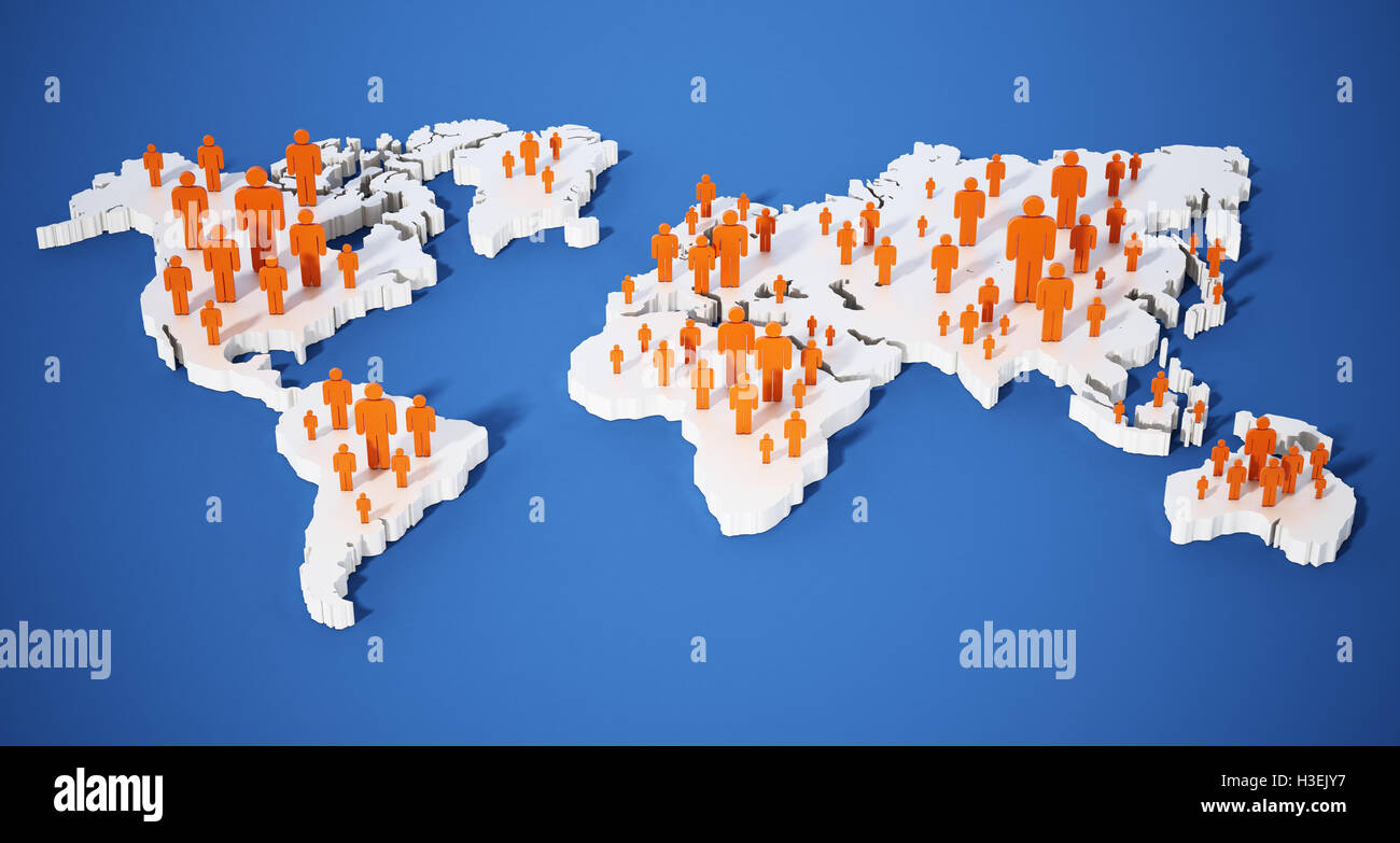 Stick figures standing on world map. 3d illustration Stock Photo - Alamy