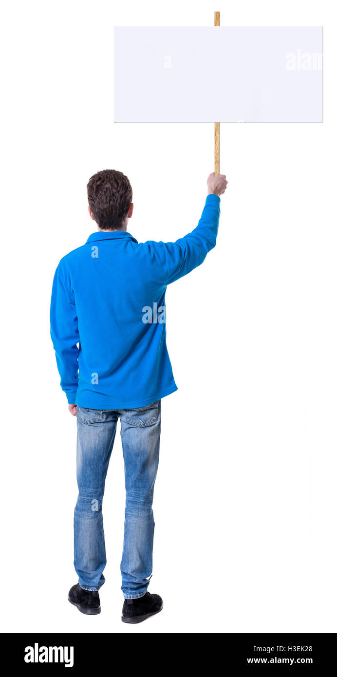 Back view man showing sign board. man holds information plate. Rear ...