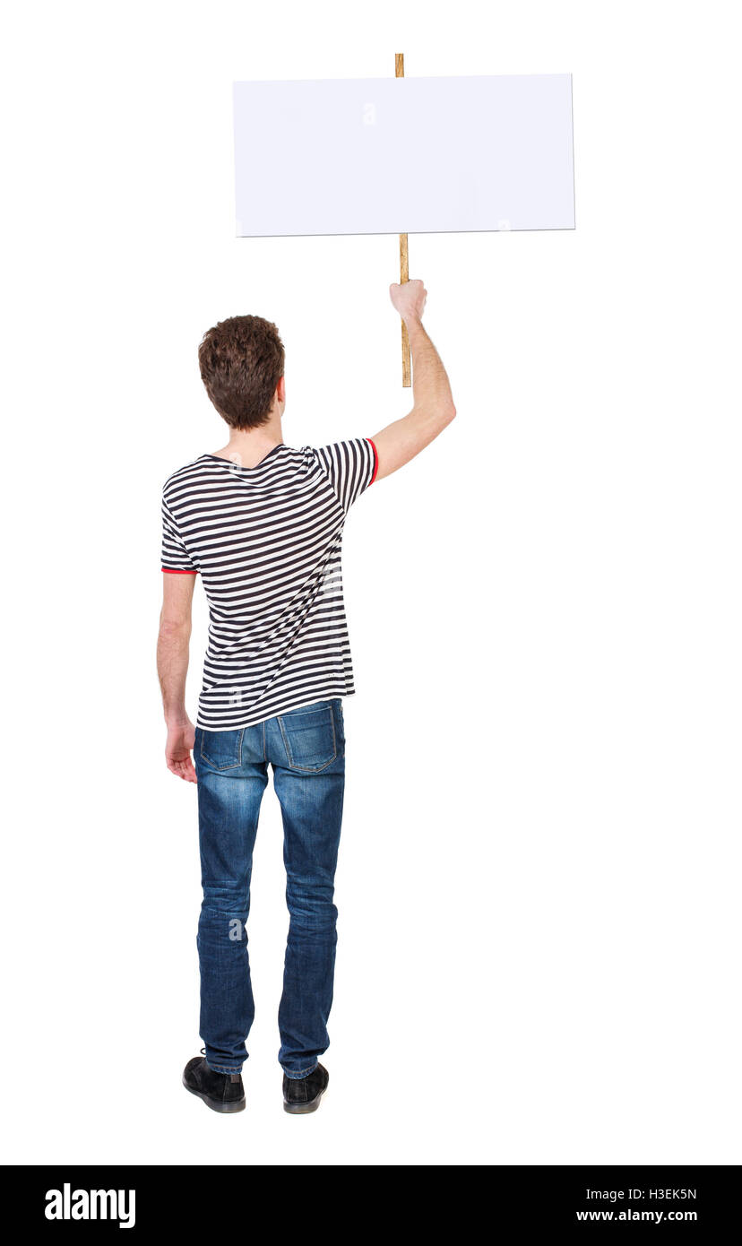 Back view man showing sign board Stock Photo - Alamy