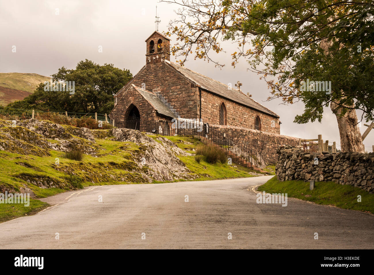 A scenic view of St James Parish Church in Buttermere village in the ...