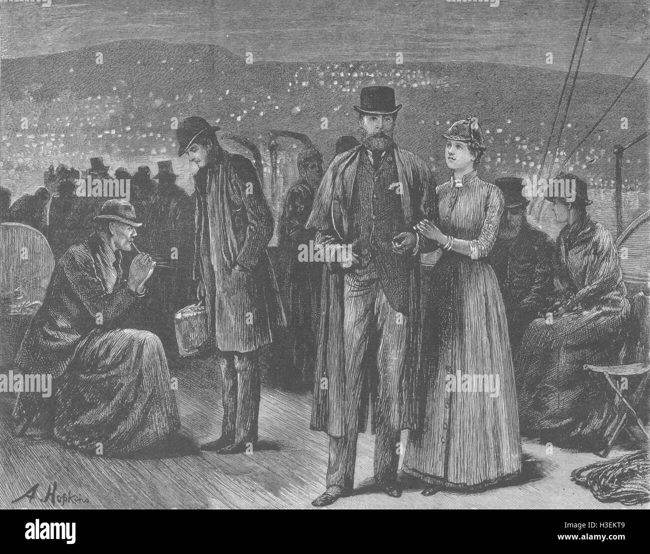 SOCIETY People on board a ship. Bowler hat. Couple 1885. The Graphic ...