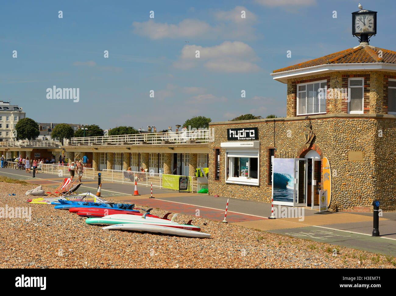 Seafront and beach at Worthing, West Sussex, England. With people ...