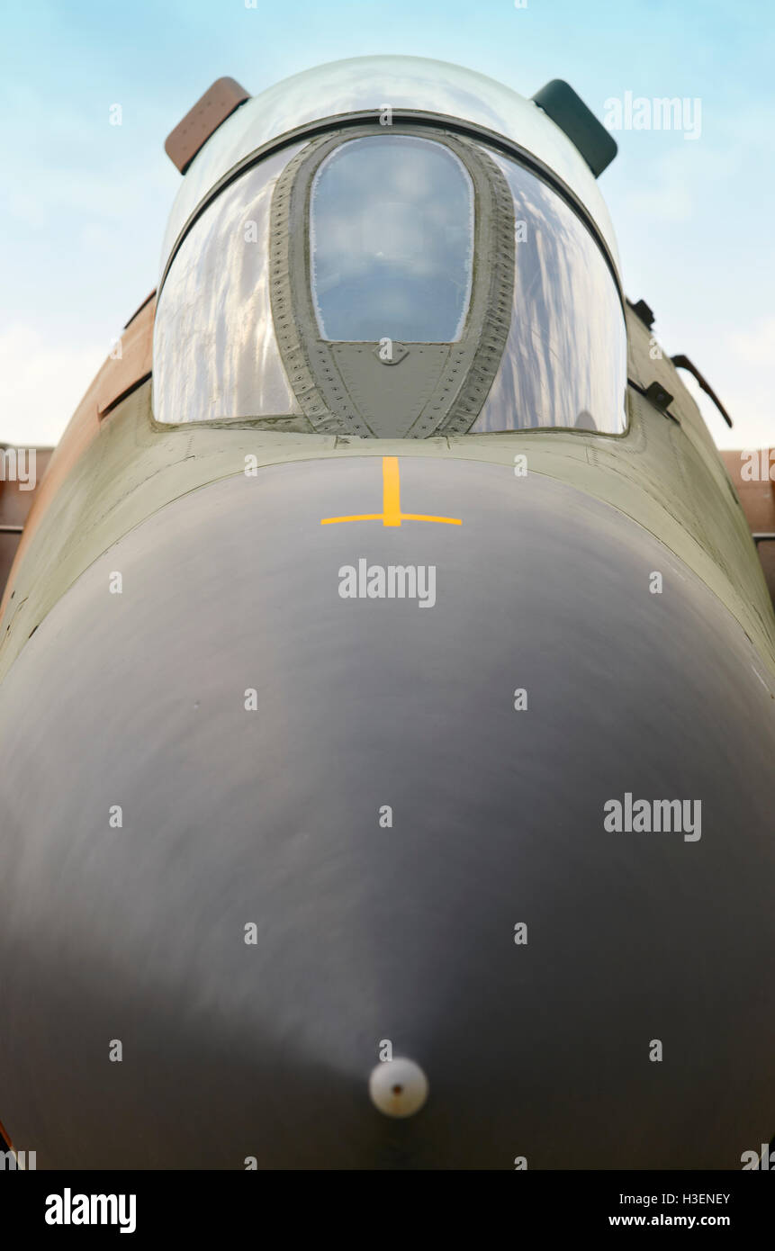 Fighter aircraft front part detail with cockpit. Vertical Stock Photo ...