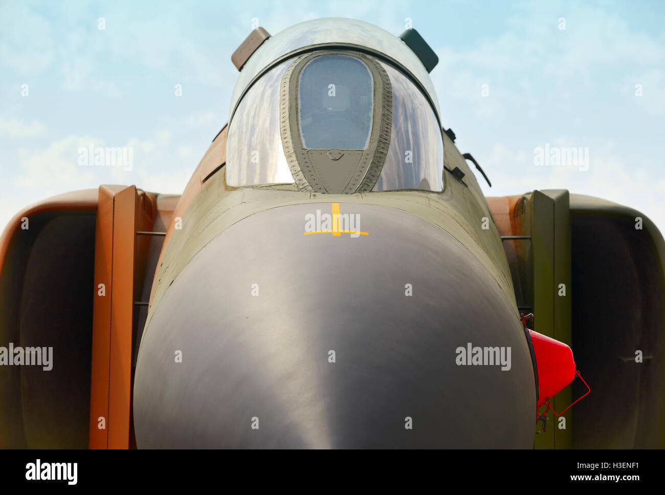 Fighter aircraft front part detail with cockpit. Horizontal Stock Photo ...