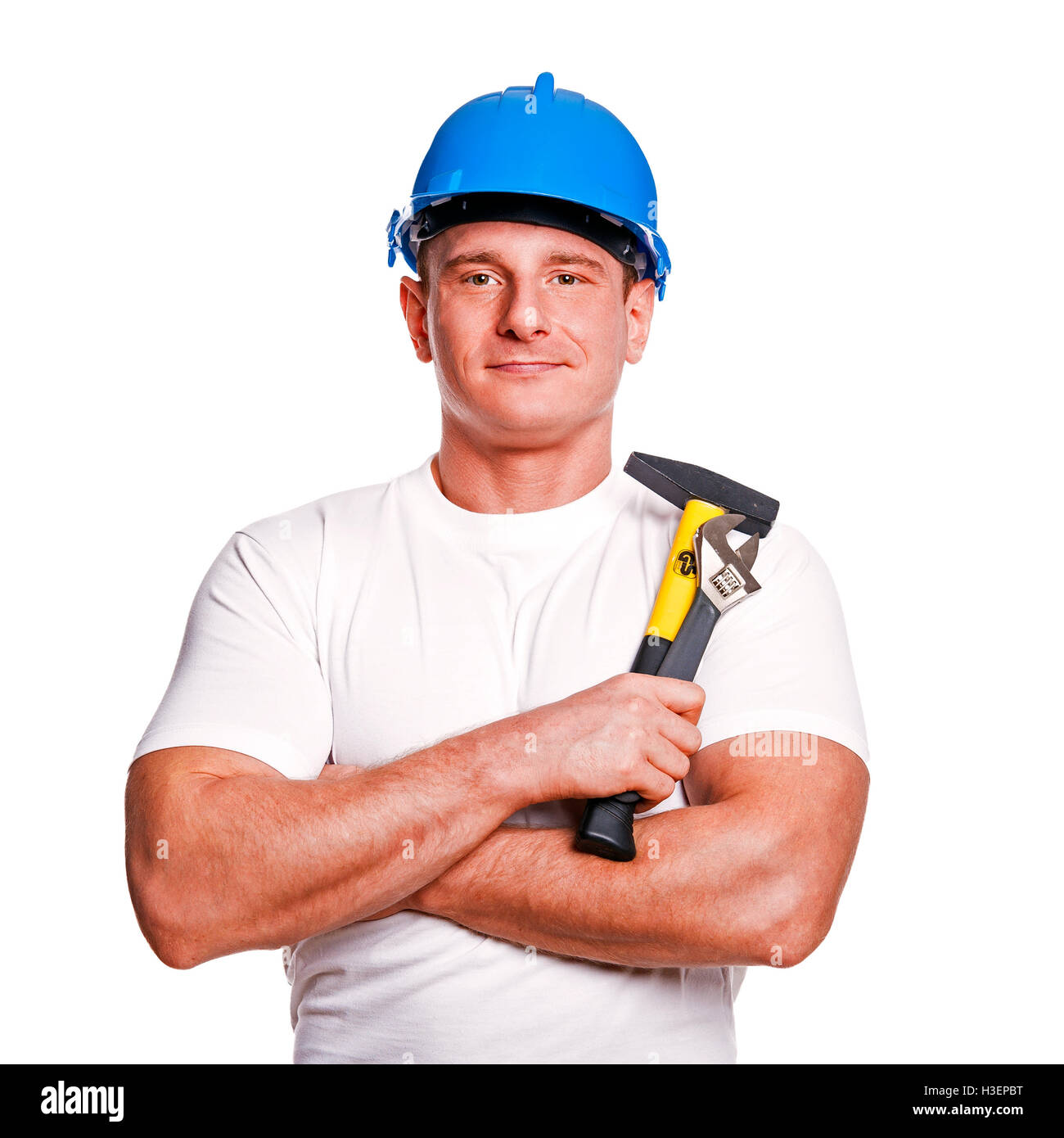 smiling handyman on white background fine portrait Stock Photo - Alamy