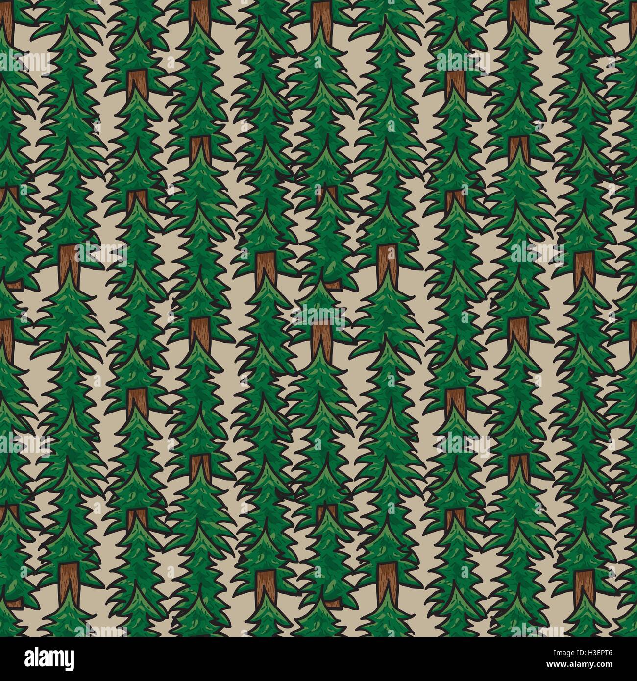 Conifer trees seamless pattern on beige background. Vector illustration ...