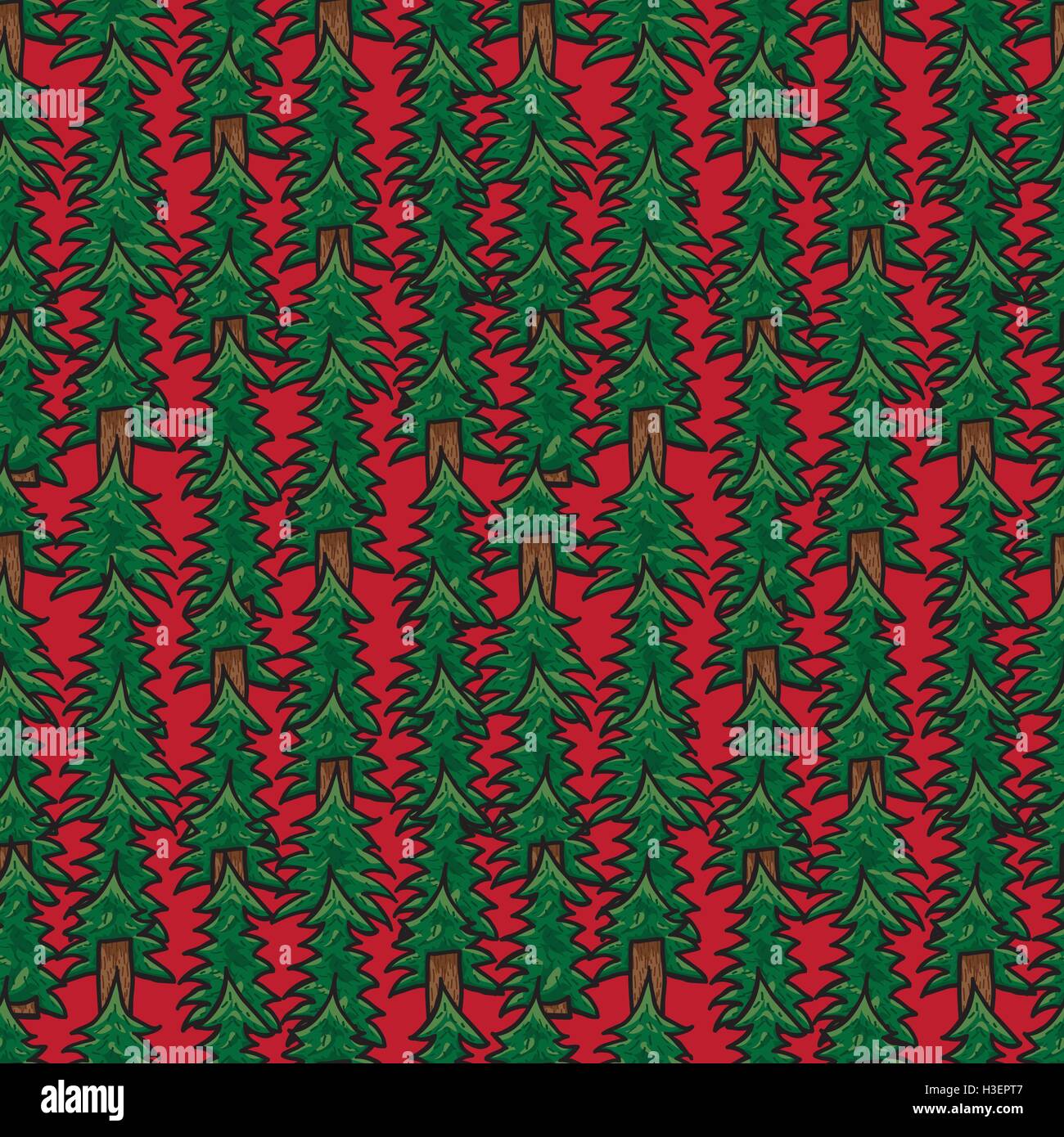 Conifer trees seamless pattern on red background. Vector illustration ...