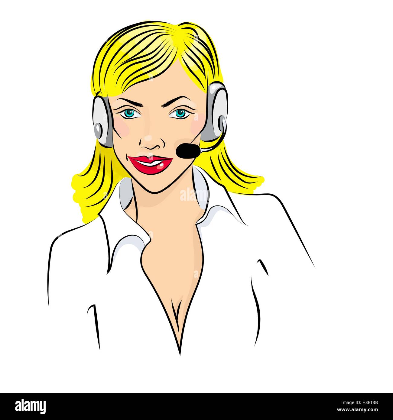 Vector illustration of smiling cute woman working as telephone operator ...