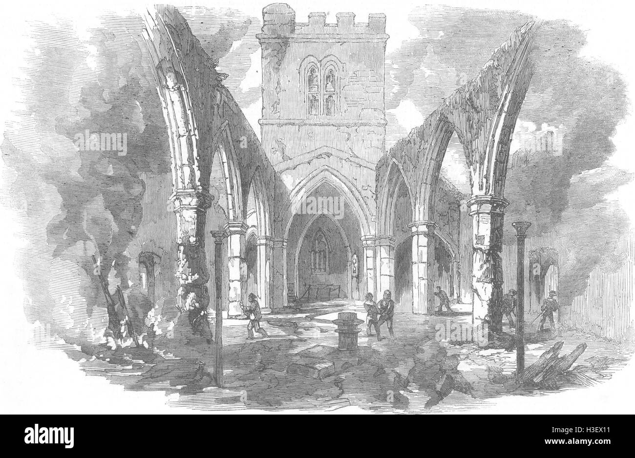 WALES Remains of Hawarden Church, after recent fire 1857. Illustrated ...