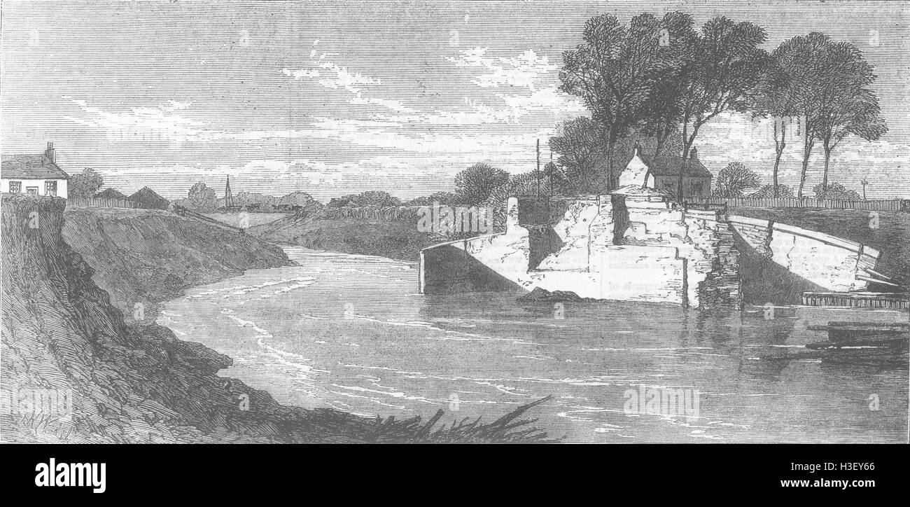 NORFOLK flood, Fens Blows sluice at Marshland Drain 1862. Illustrated ...