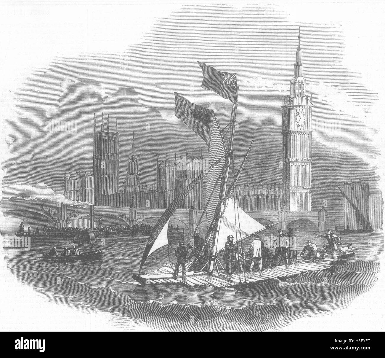 LONDON Testing life-preserving raft, Thames 1858. Illustrated London ...
