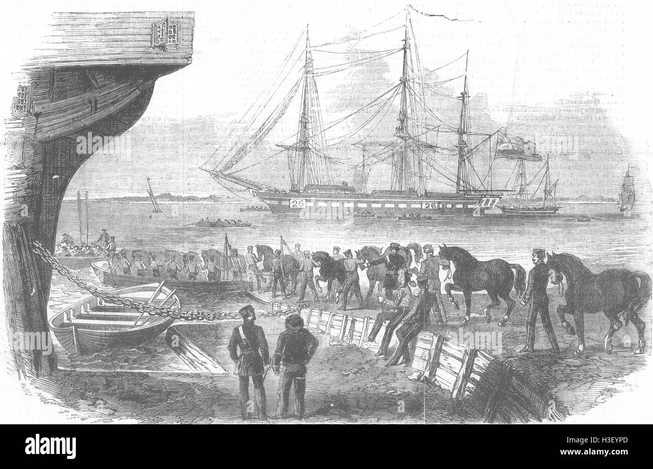 LONDON Loading horses, Royal Dockyard, Woolwich 1855. Illustrated ...