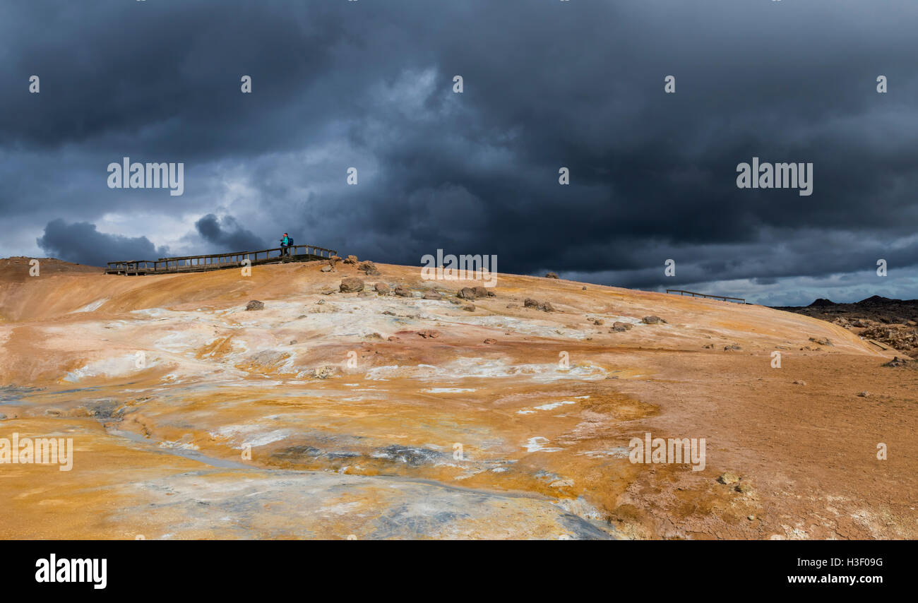 Geothermal landscape Krafla on Iceland with red dirt, a hot water ...