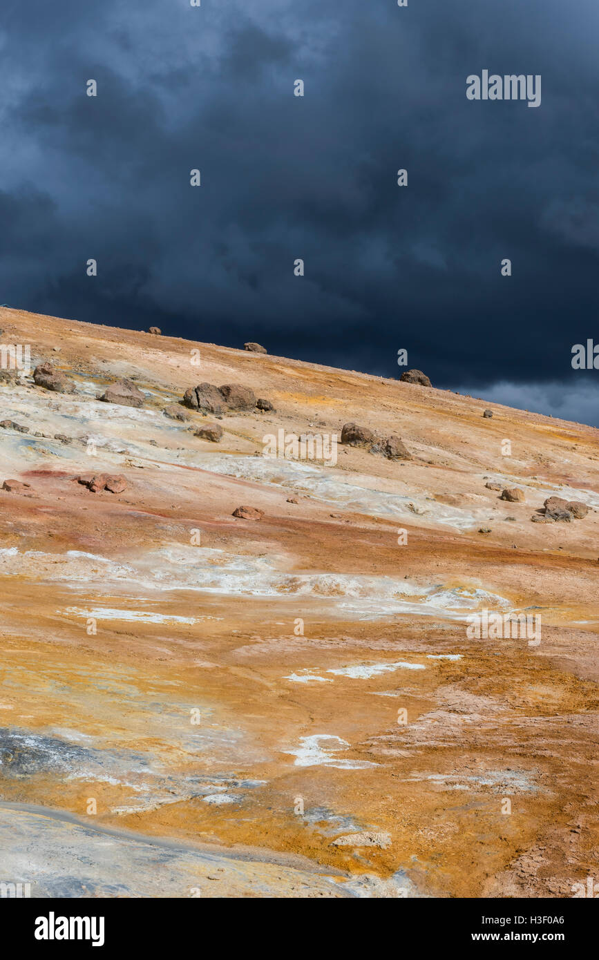 Geothermal landscape Krafla on Iceland with red dirt, a hot water ...