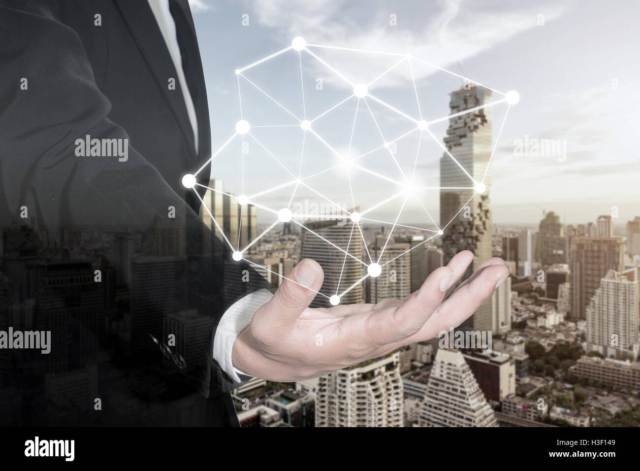 Businessman presenting connection network partnership and interaction ...