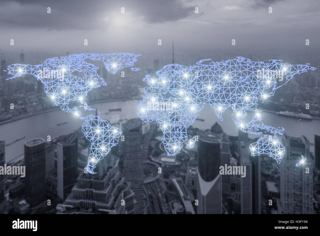 Network connection partnership and world map with city in background ...