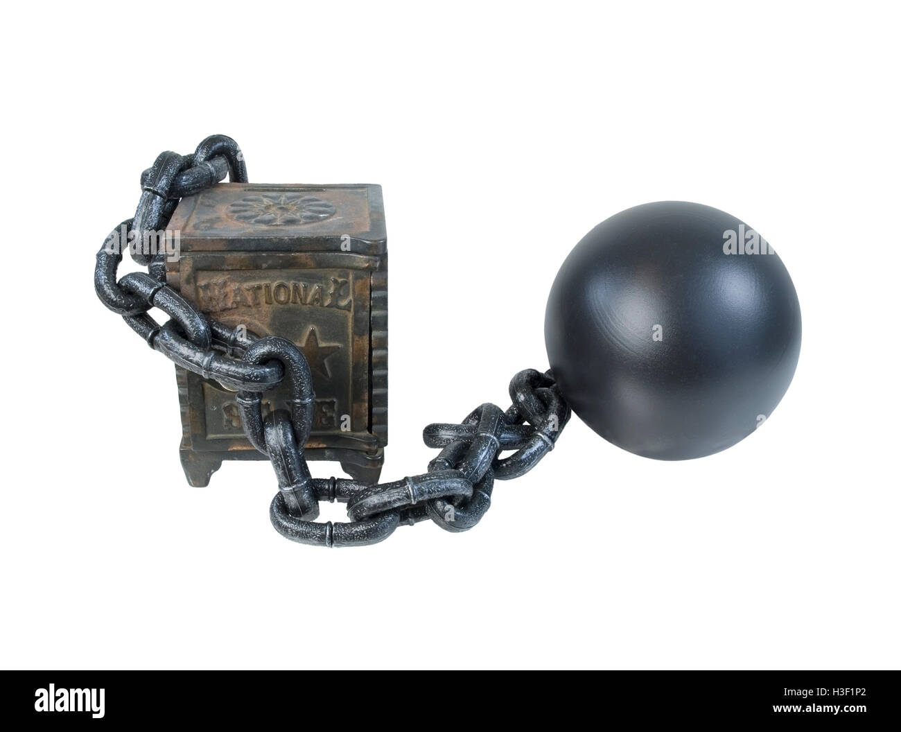 Vintage safe secured by ball and chain - path included Stock Photo - Alamy