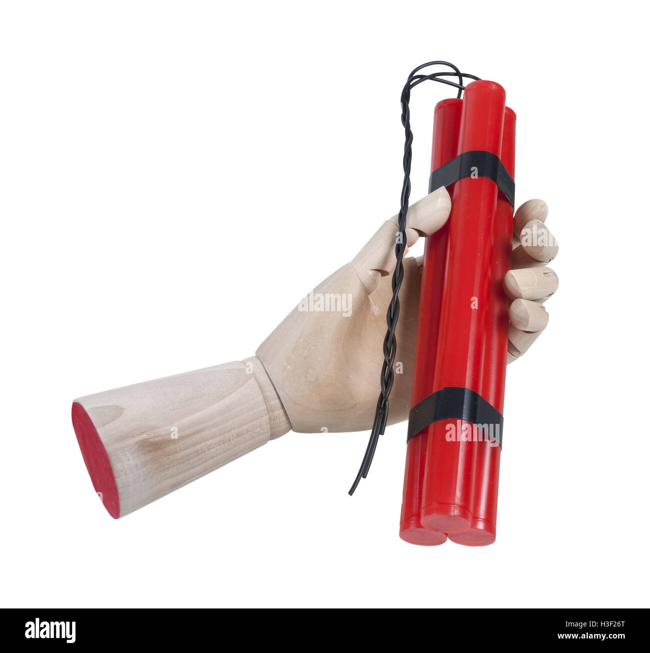 Wooden Hand Holding Dynamite with braided fuses Stock Photo - Alamy