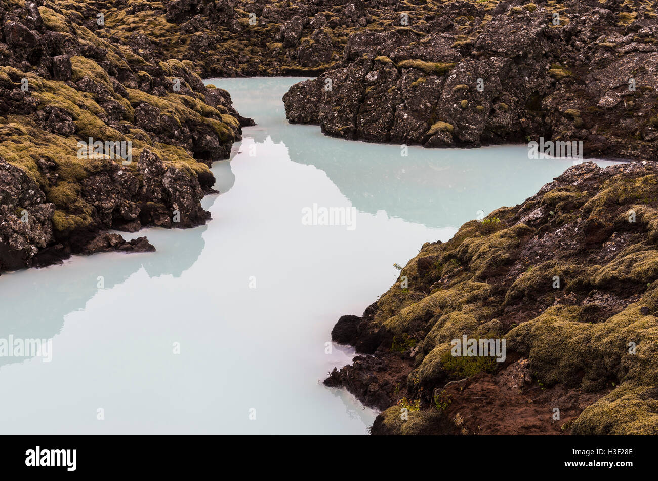 Pool with blue water in the Blue Lagoon in Iceland with lava and ...