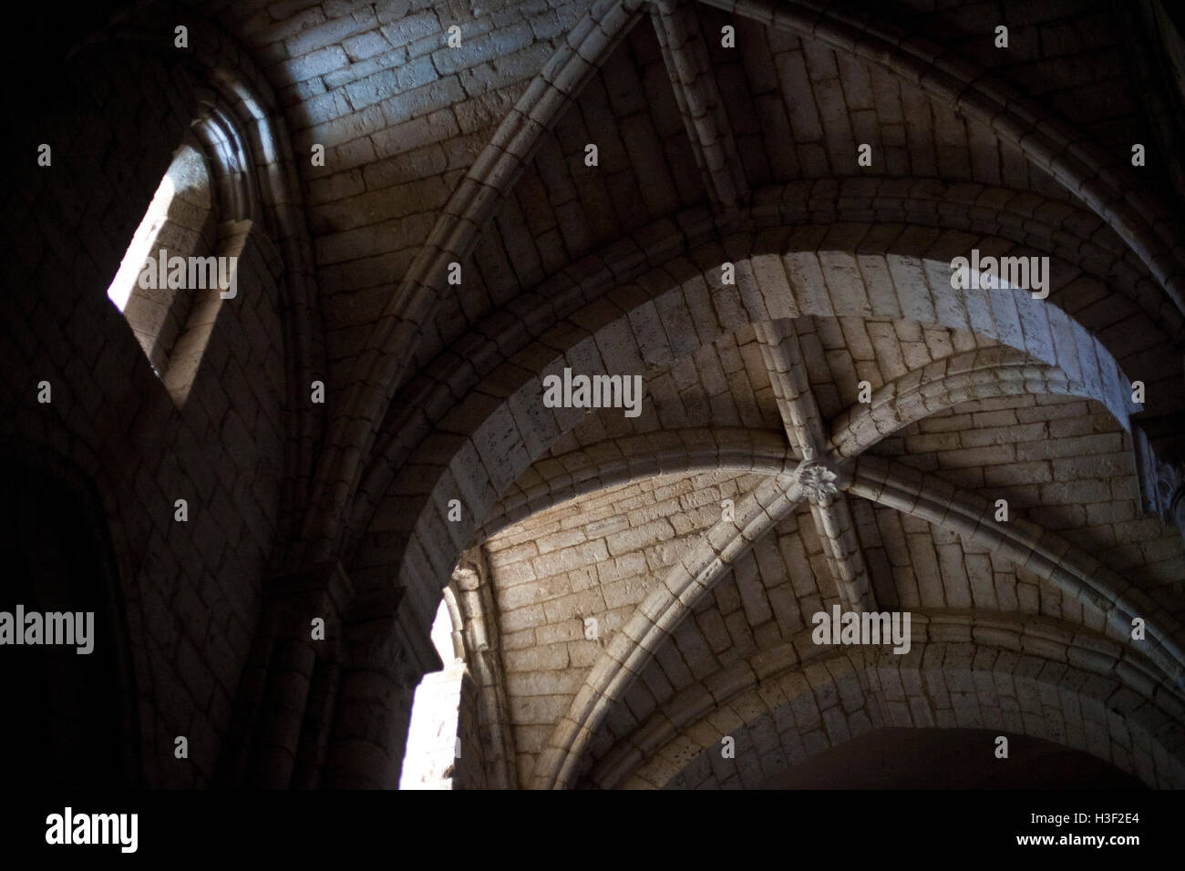 Arched stone ceiling of a church along the Camino de Santiago, route ...
