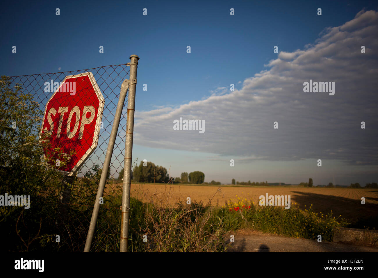 Stop sign on fence along the Camino de Santiago, route Frances Stock ...