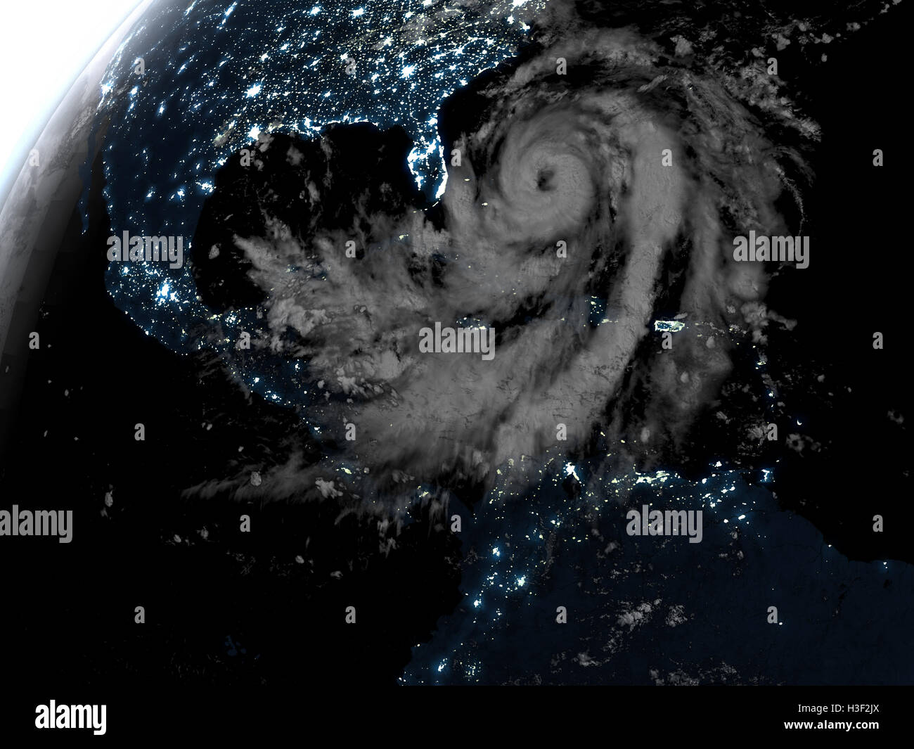 Hurricane Matthew at night from space approaching Florida. 3D ...