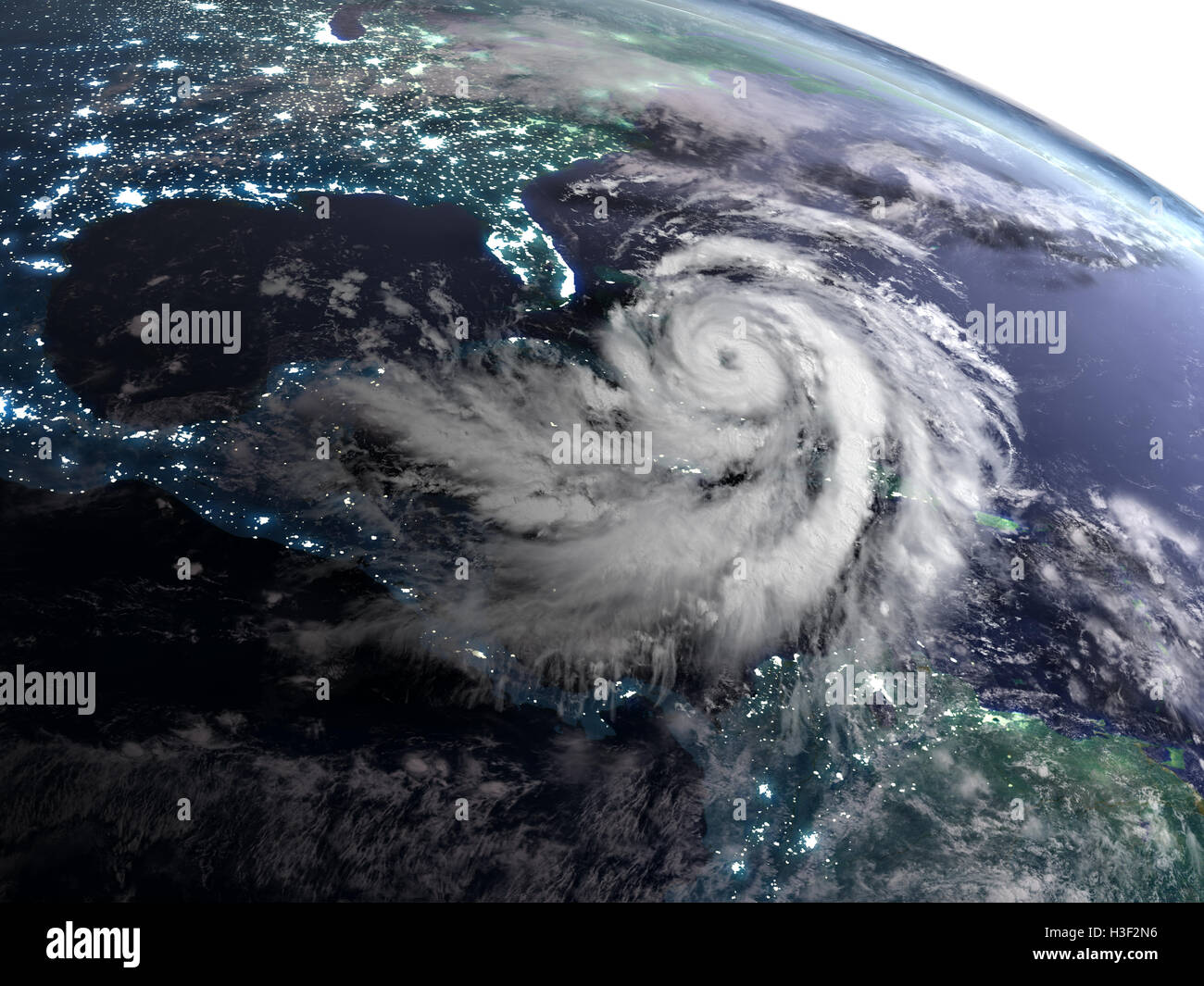 Satellite view of night over America with masive hurricane in Caribbean ...
