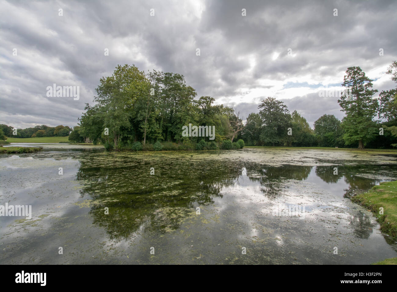 Landscape view of Painshill Park in Surrey, England with dramatic ...