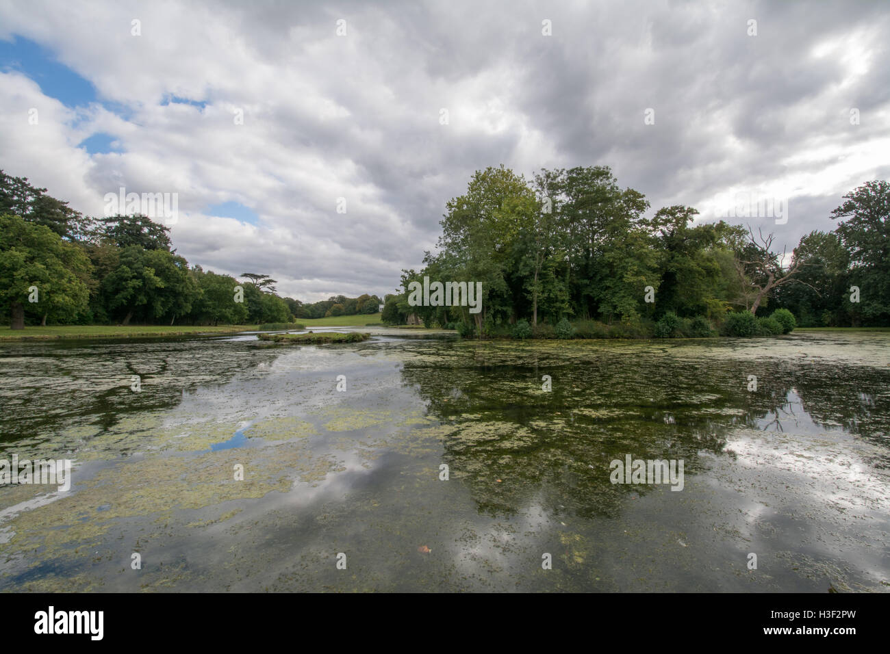 Landscape view of Painshill Park in Surrey, England with dramatic ...