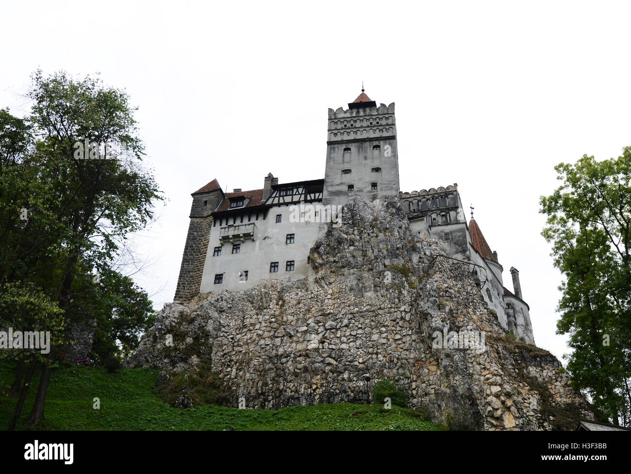A low angle view of Bran castle in Transylvania, Romania Stock Photo ...