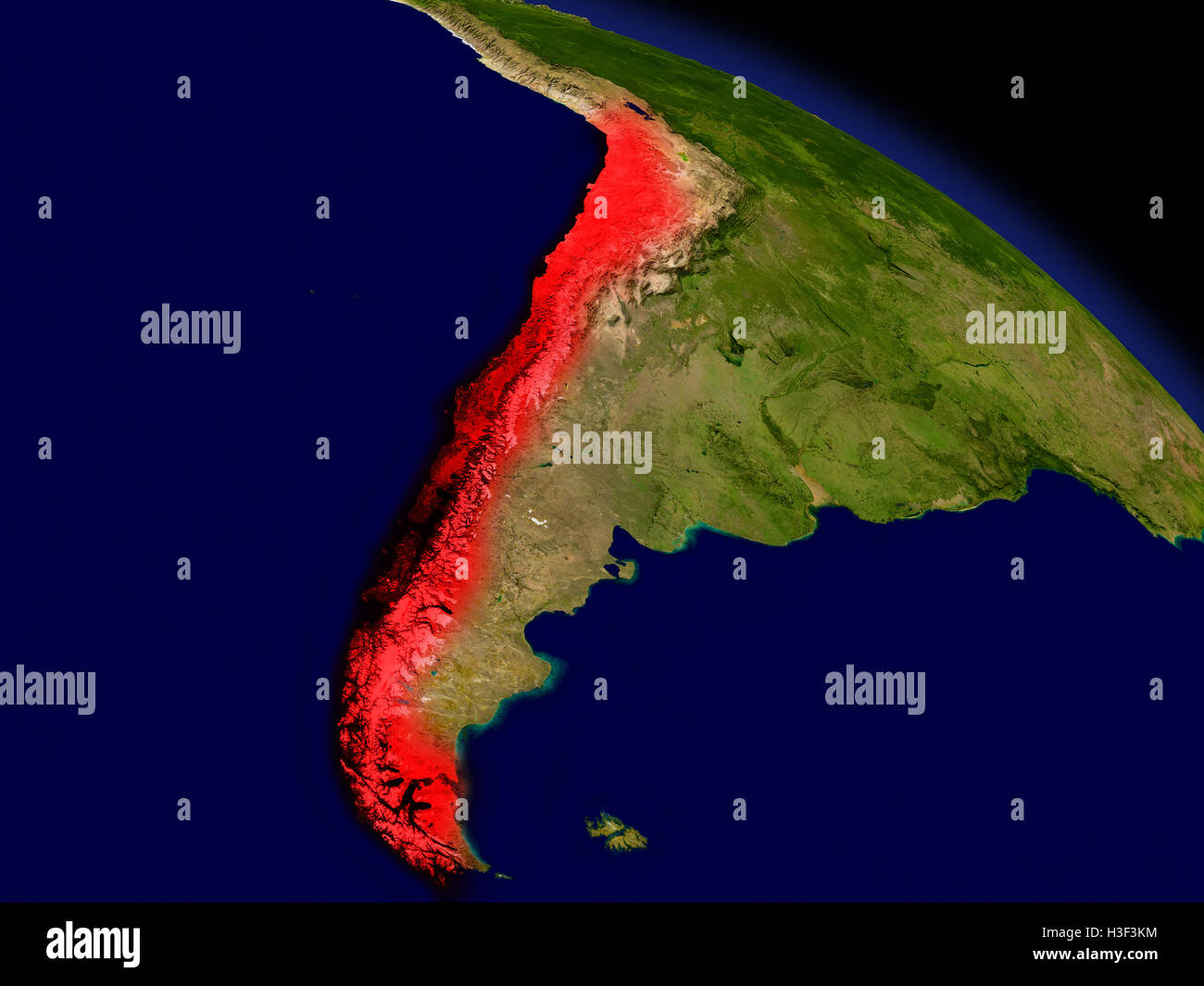 Chile from space in red. 3D illustration with highly detailed realistic ...