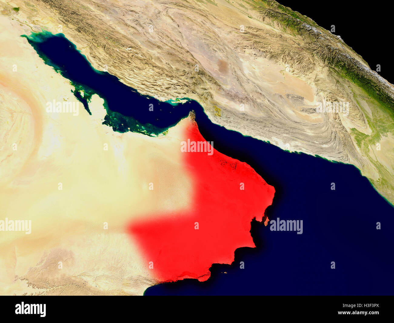 Oman from space in red. 3D illustration with highly detailed realistic ...