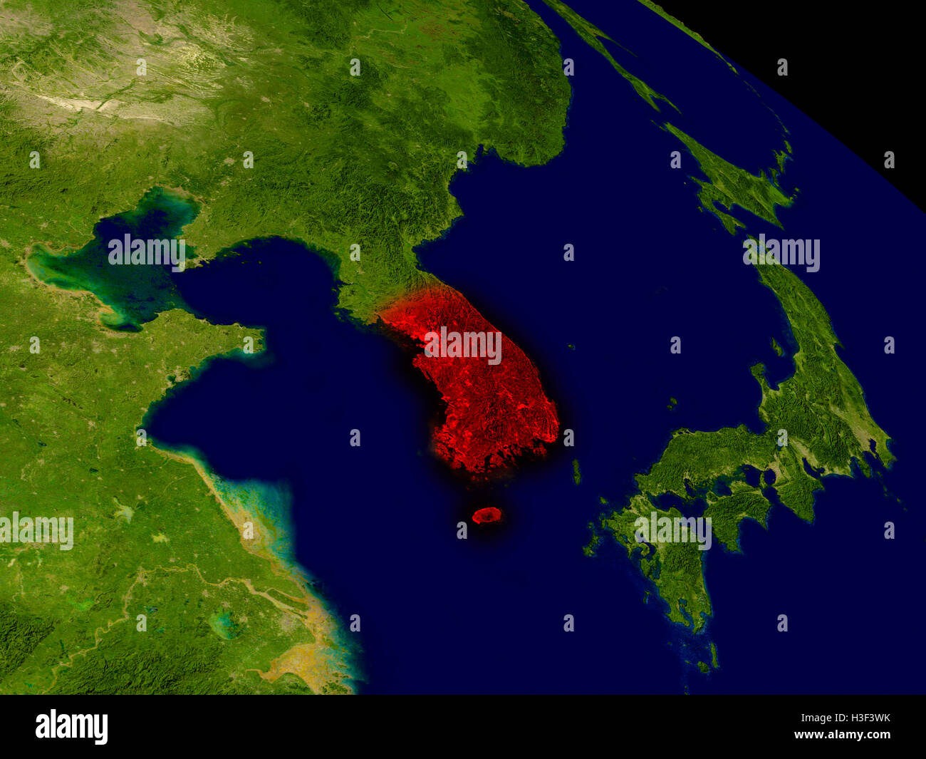 South Korea from space in red. 3D illustration with highly detailed ...